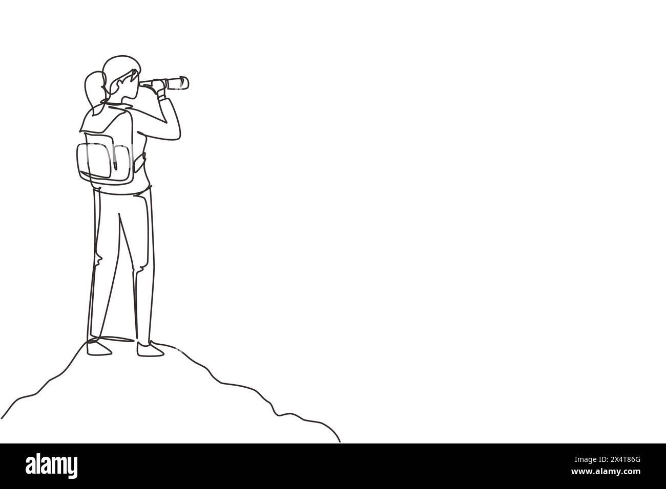 Single one line drawing girl trekking on mountain. Young woman ...