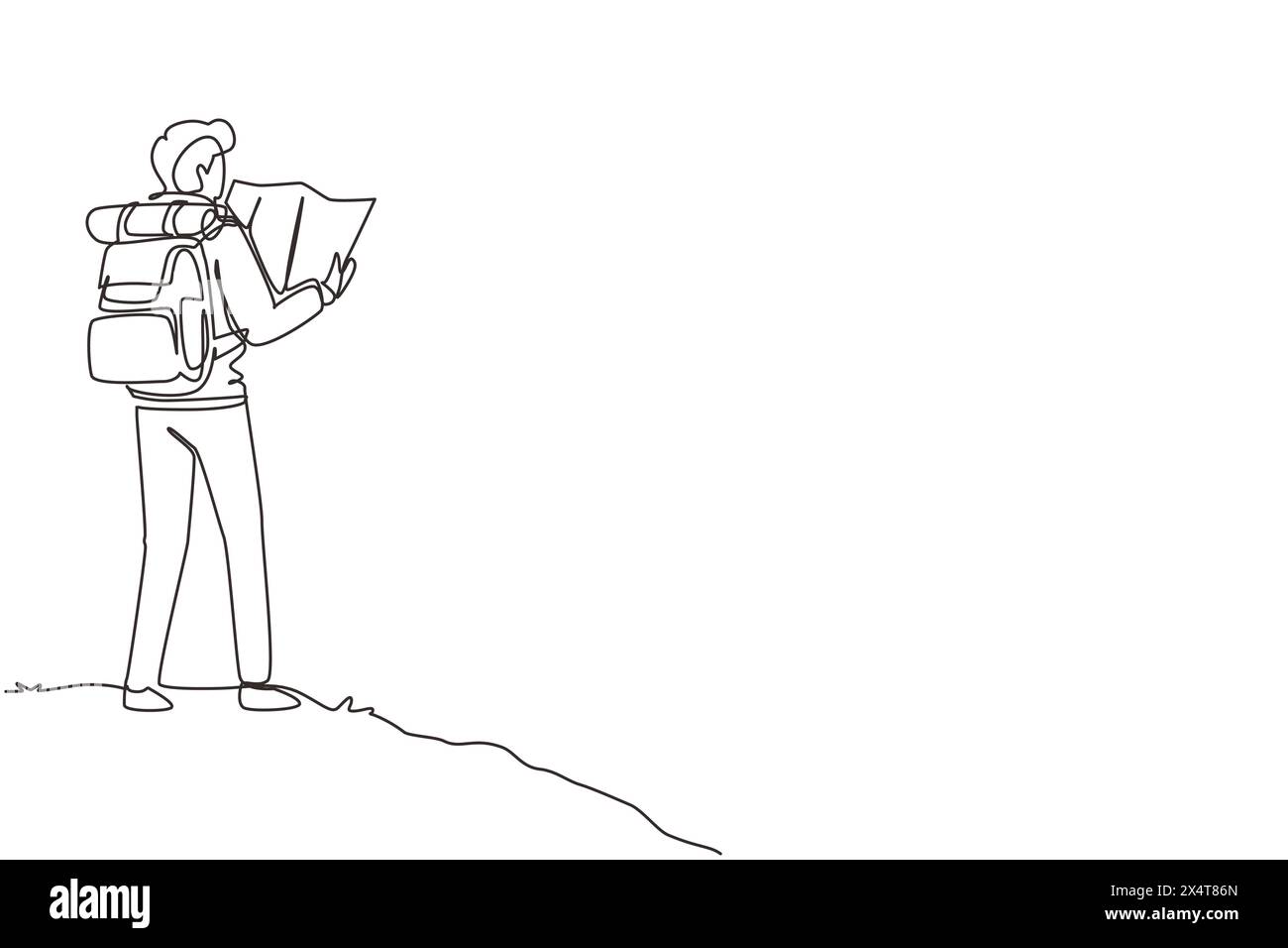 Single Continuous Line Drawing Man Hiker With Backpack And Map Hiking