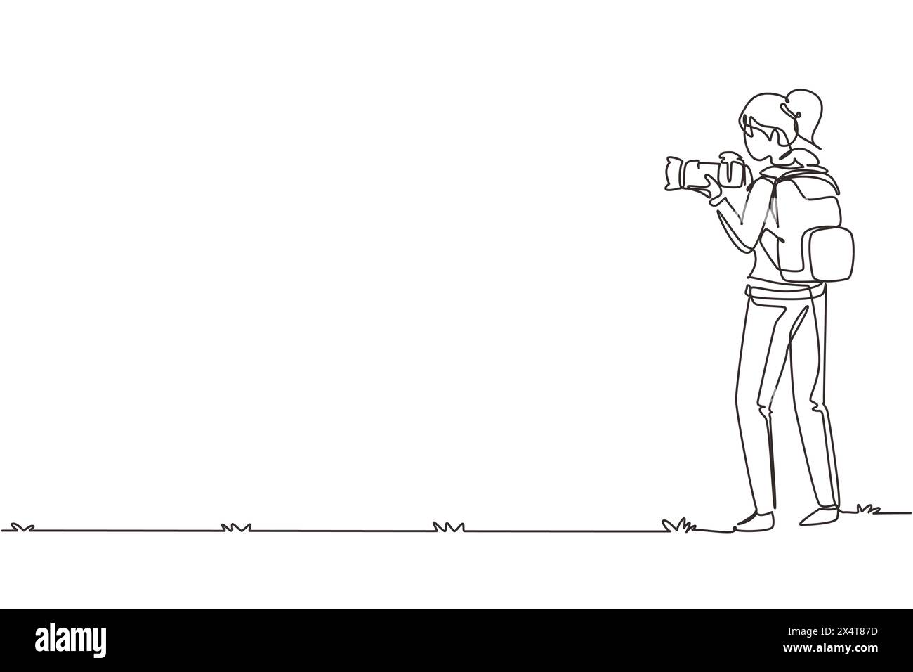Single continuous line drawing woman photographer with backpack holding ...