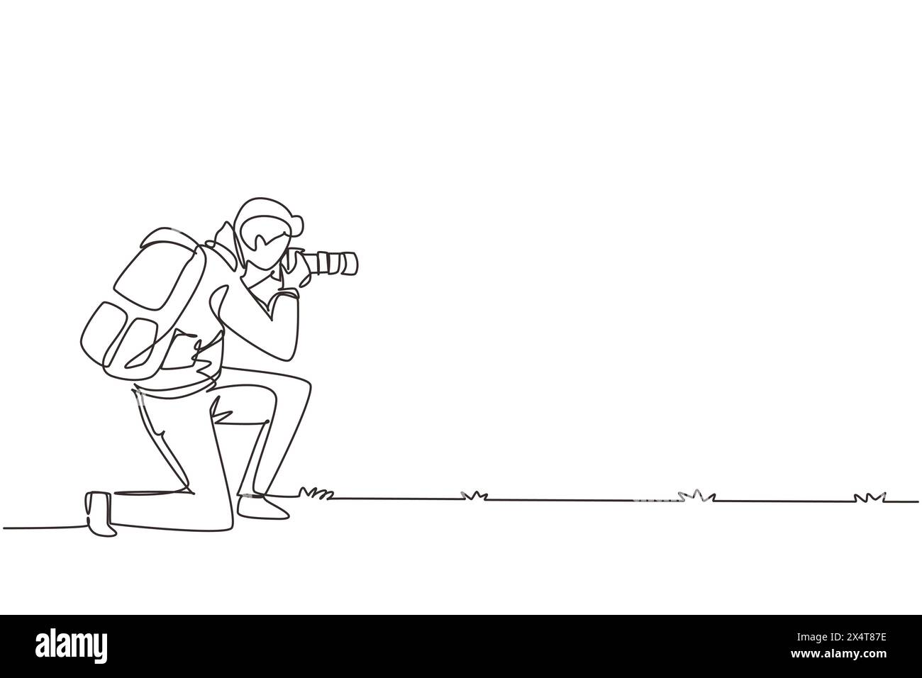 Continuous one line drawing kneeling man photographer with telephoto ...