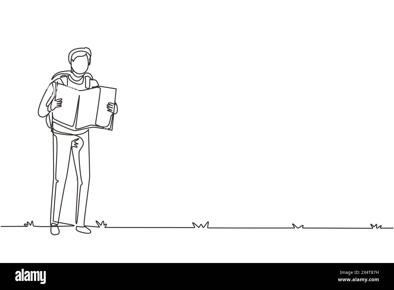 Continuous one line drawing traveler man with map planning walking ...