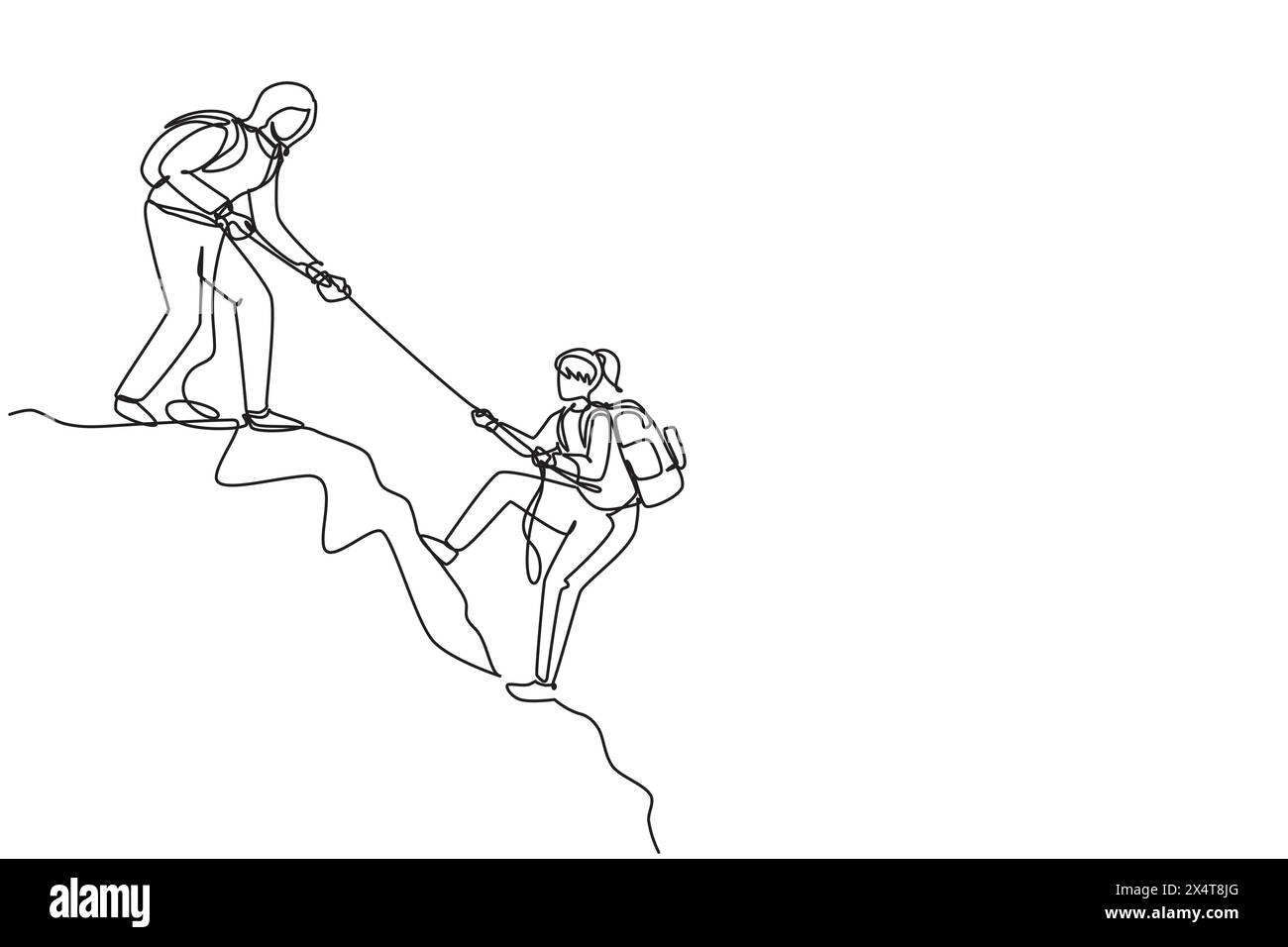 Single continuous line drawing two women hikers climbing up mountain ...