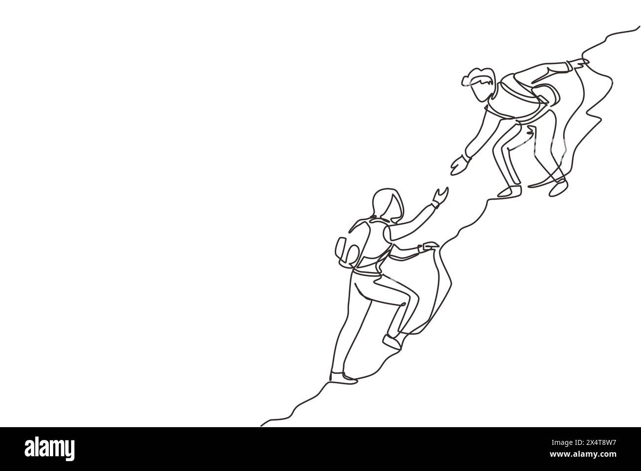 Continuous one line drawing man woman success on peak of mountain ...