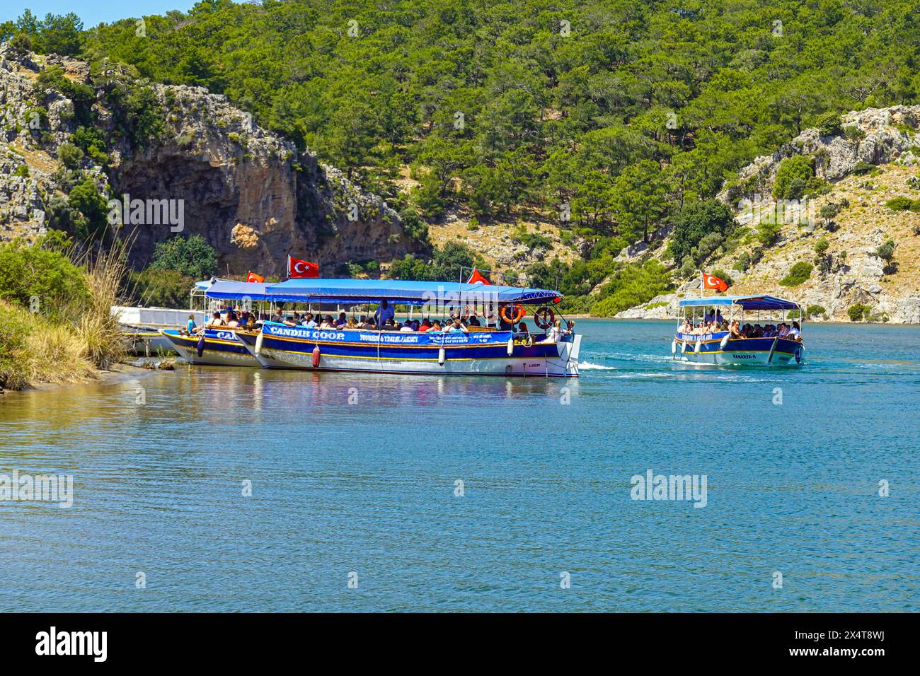 Tourist boats arriving at Iztuzu Beach, Turtle Beach, at the popular ...