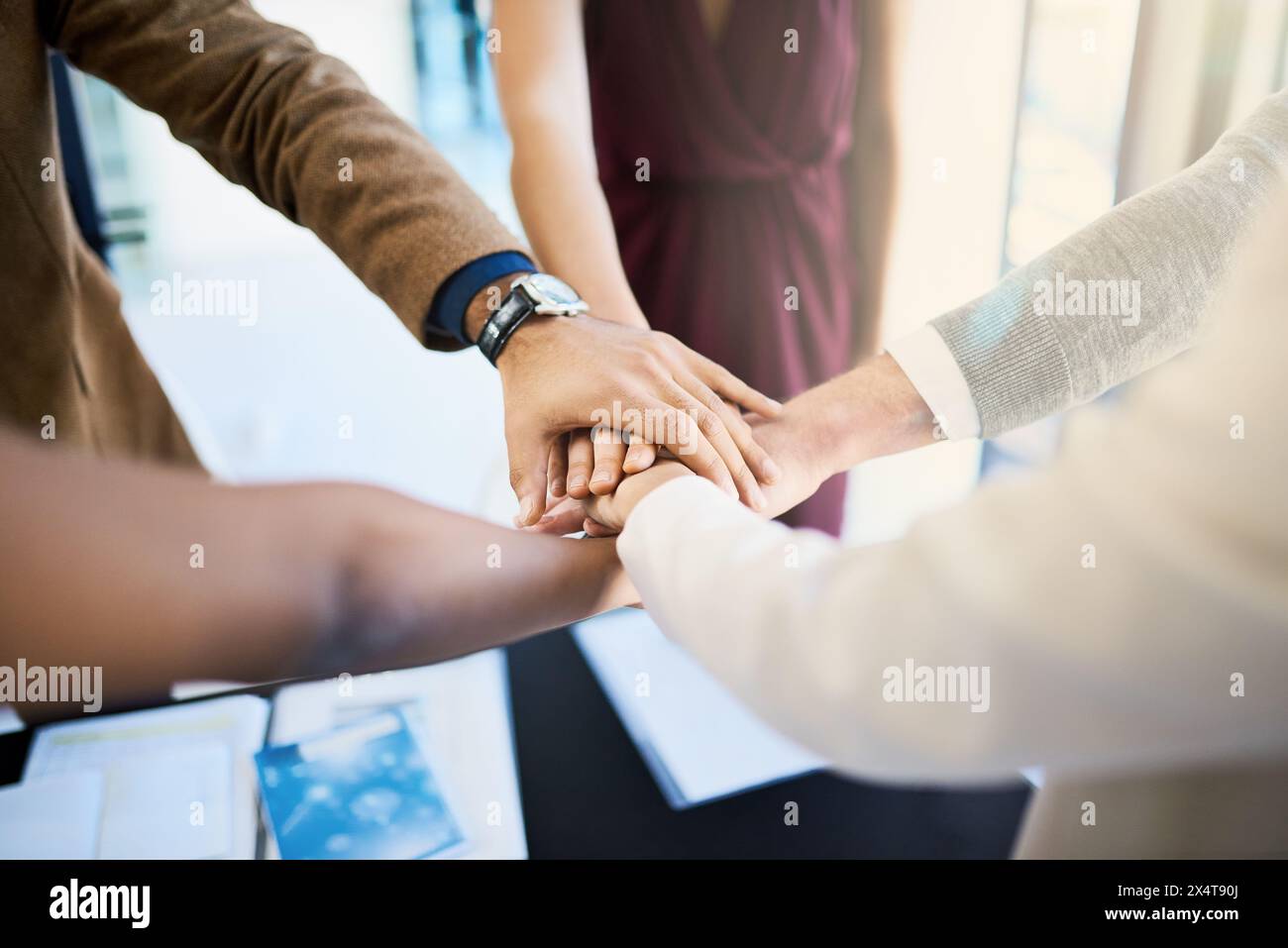 Business, hands and diversity in workspace, agreement and collaboration ...