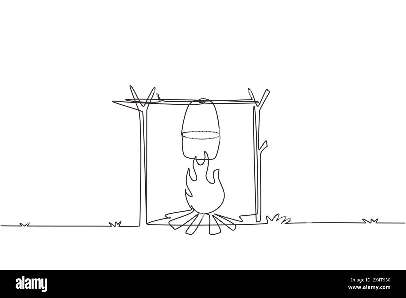 Continuous one line drawing pot on campfire for cooking food, boil ...