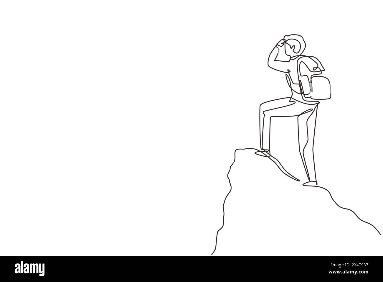 Single one line drawing man with backpack, traveller, explorer standing ...