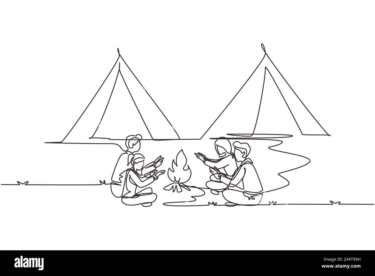 Single one line drawing two couple camping around campfire tents. Group ...