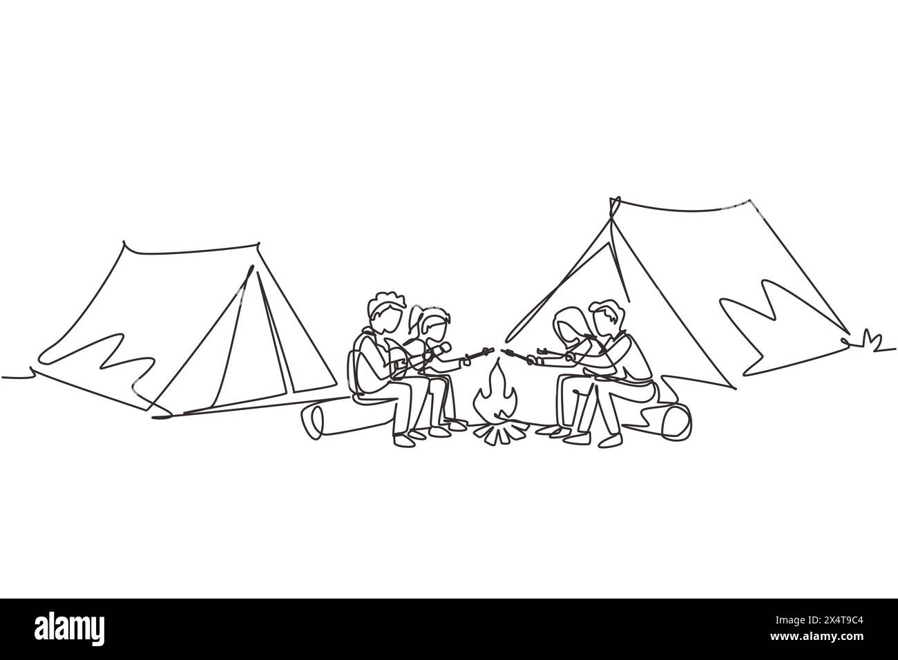 Single one line drawing friends sit on logs by campfire. Young tourists ...