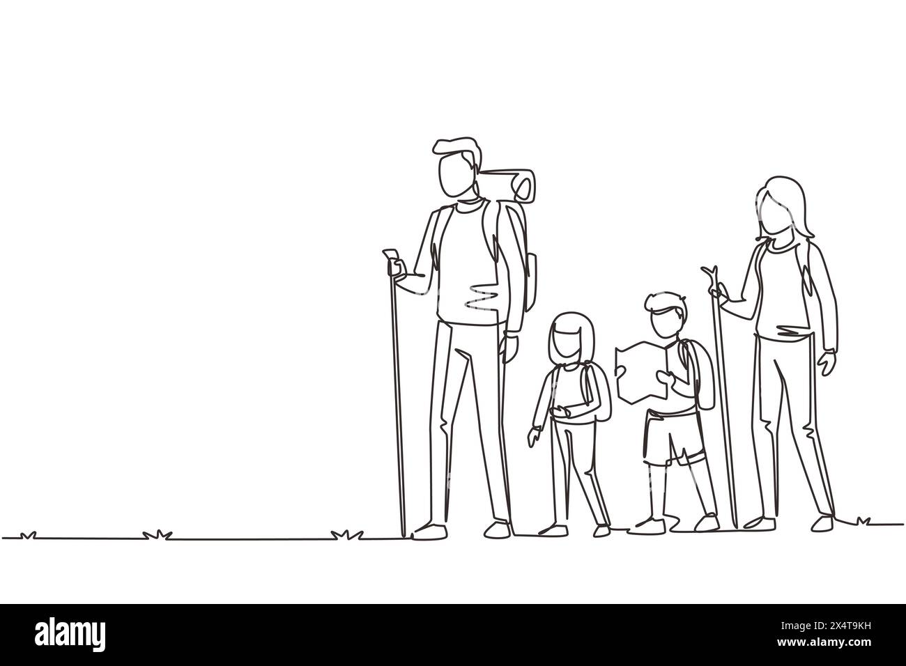 Single continuous line drawing family goes camping. Young parents and ...
