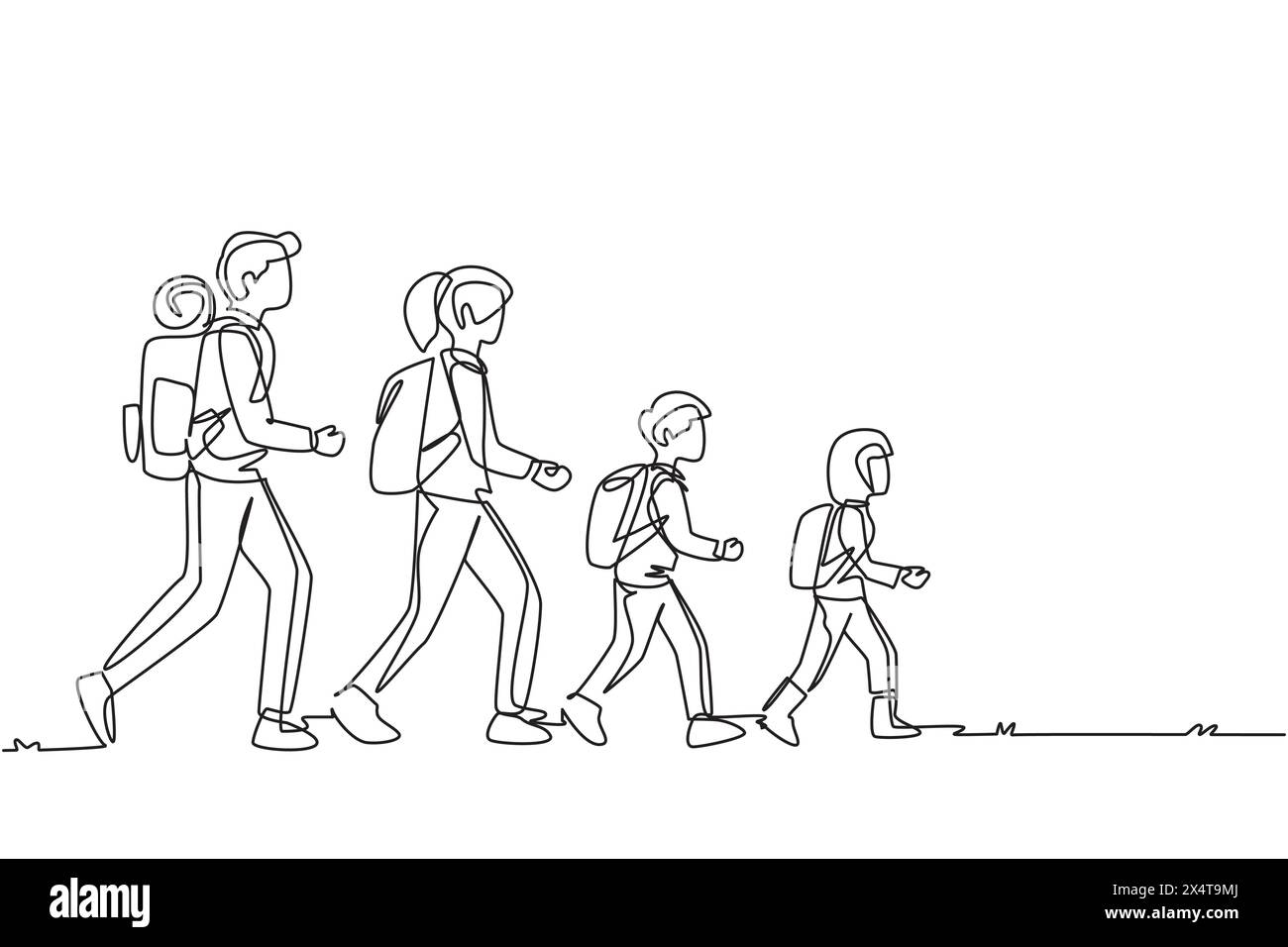 Single continuous line drawing man, woman, children, family hikers ...