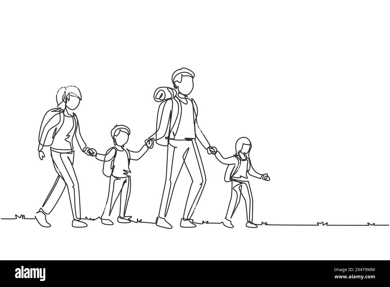 Single one line drawing happy family traveling together in mountains ...