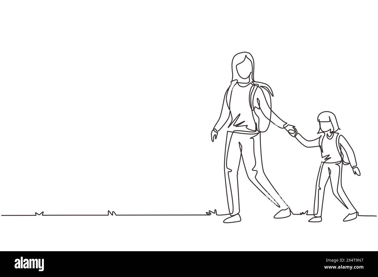 Single one line drawing happy mother taking her beauty daughter walking ...