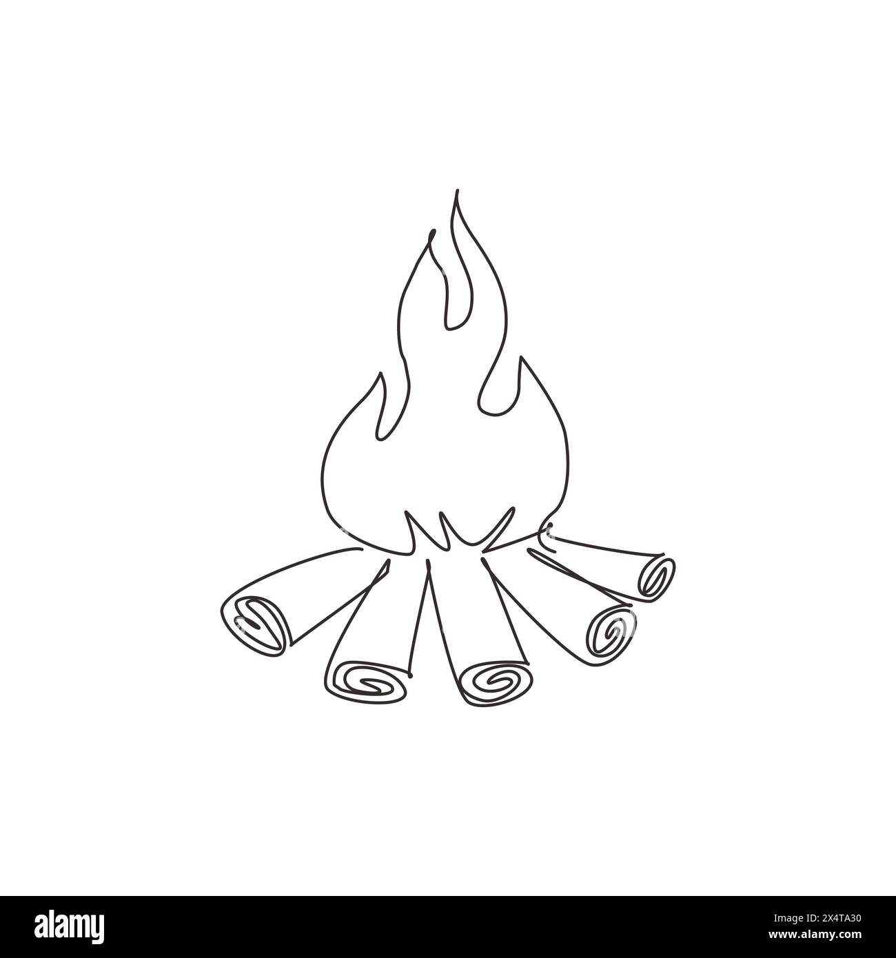 Single one line drawing fireplace campfire. Burning wood, travel and ...