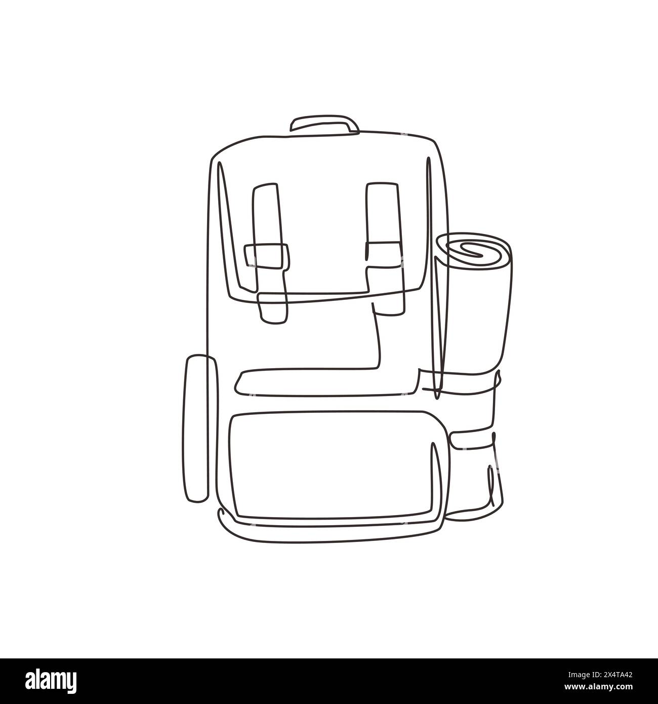 Single one line drawing hiking backpacks with sleeping bags. Camp, hike ...