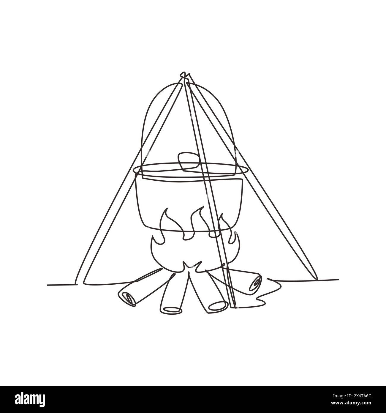 Continuous one line drawing black camping pot over a bonfire. Hot food ...