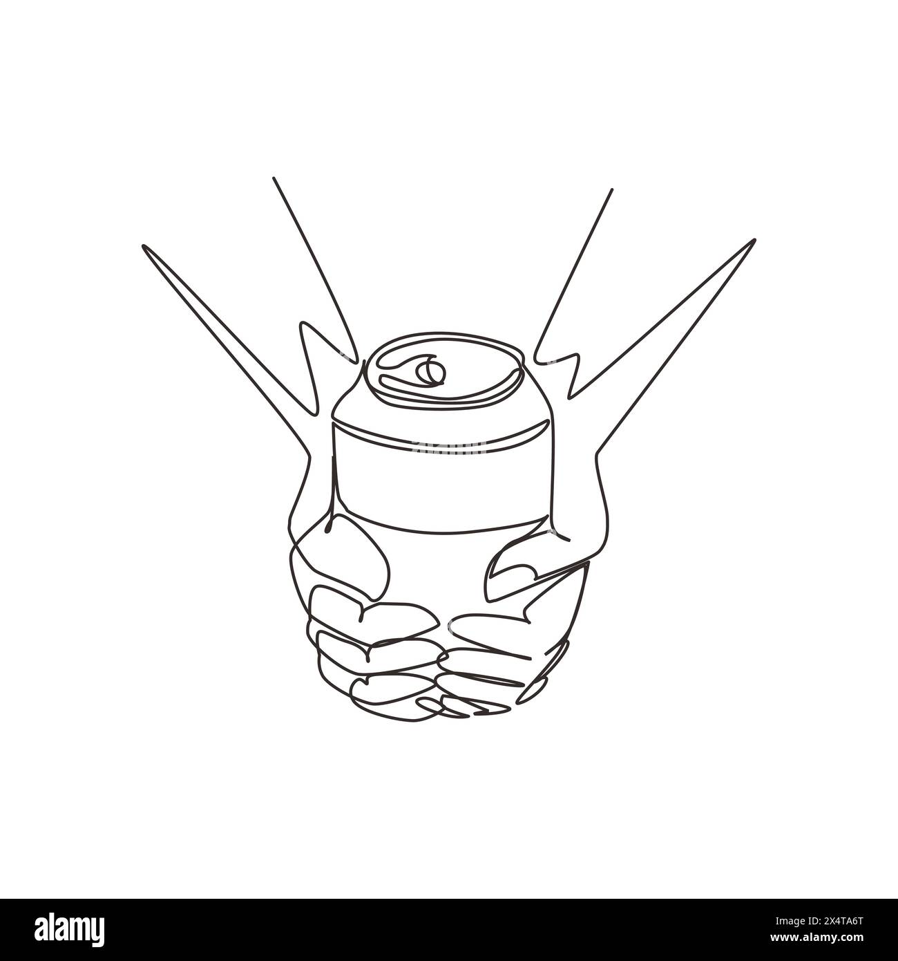 Single continuous line drawing hands holding a metallic can with a ...
