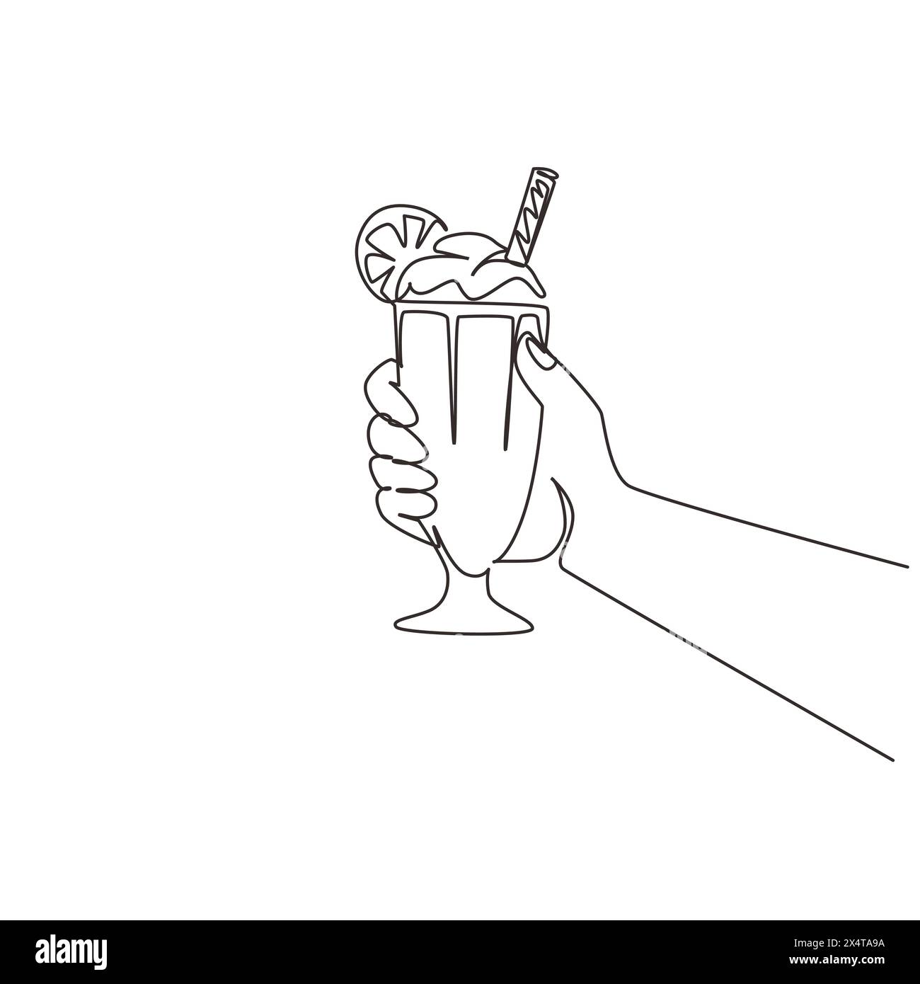 Continuous one line drawing hand holds glass milkshake with whipped ...