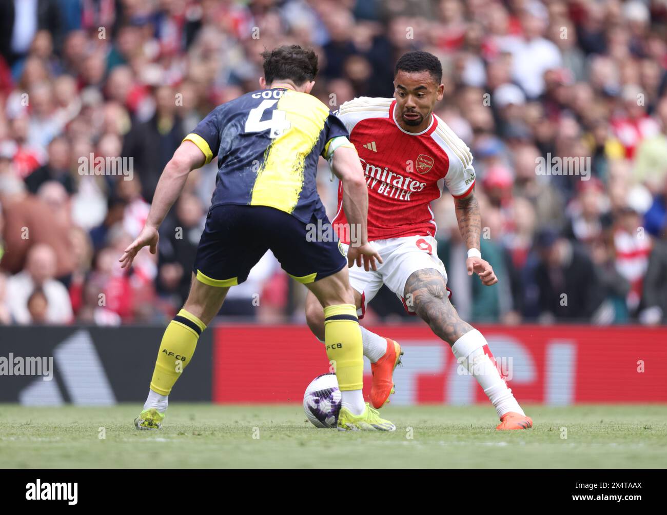 London, UK. 04th May, 2024. Gabriel Jesus (A) Lewis Cook (AFC B) at the Arsenal v AFC ...