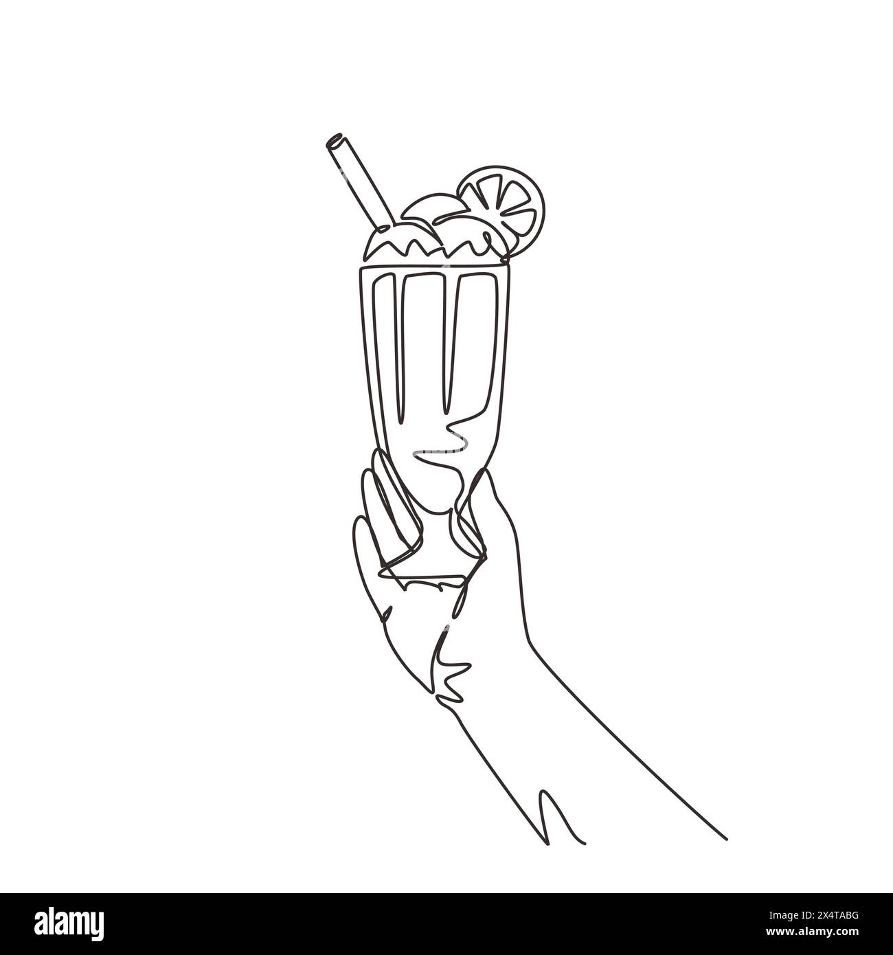 Single one line drawing hand holds a big glass with a milkshake with a ...