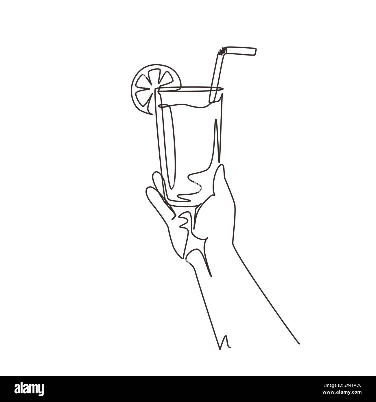 Single continuous line drawing hand holding glass with lemon fruit ...