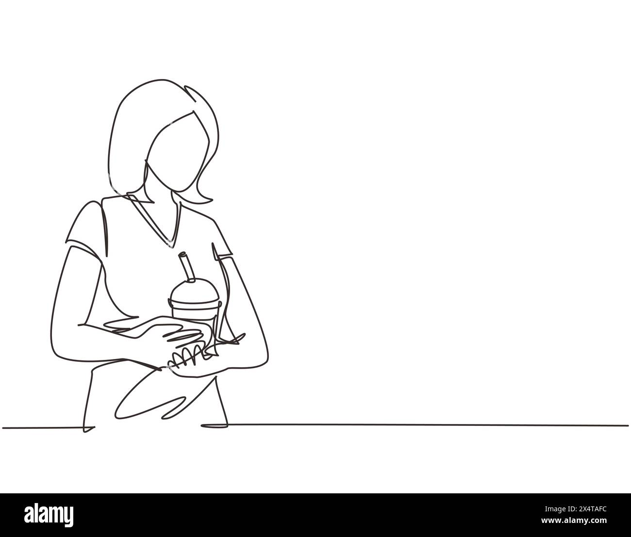 Continuous one line drawing young happy woman is drinking a plastic cup ...