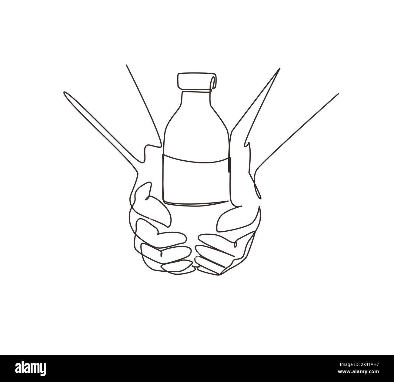 Single one line drawing hands hold glass bottles of plant based lactose ...