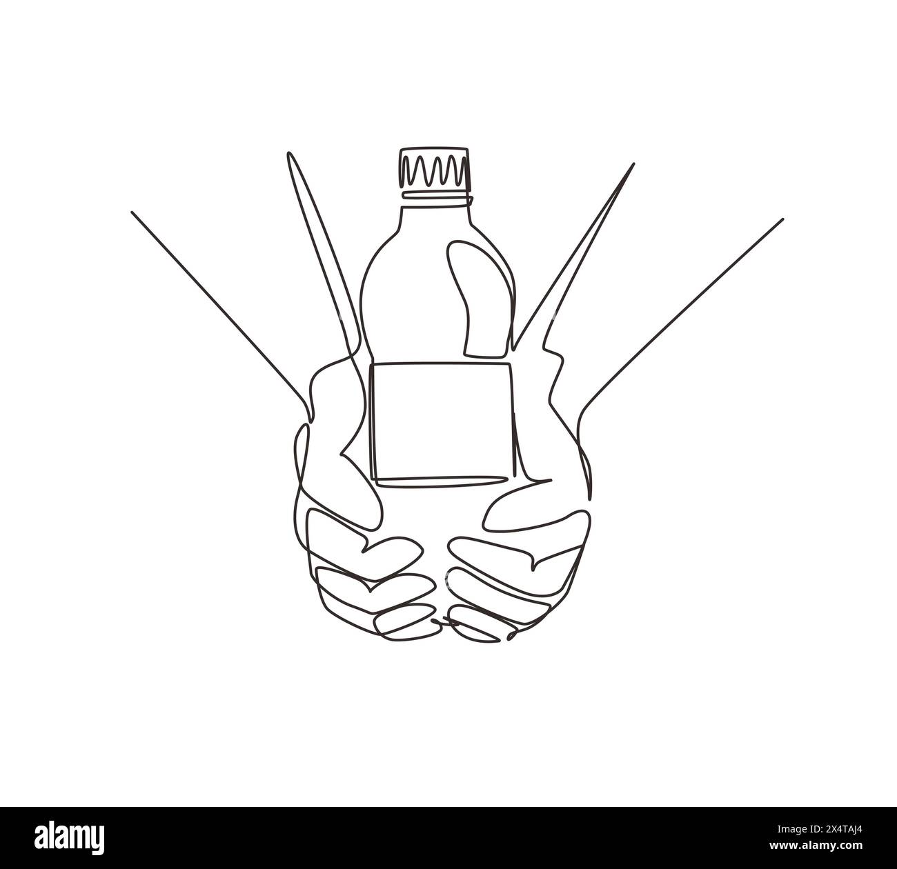 Single continuous line drawing hands holding plastic bottle of pure drinking water refreshing ...