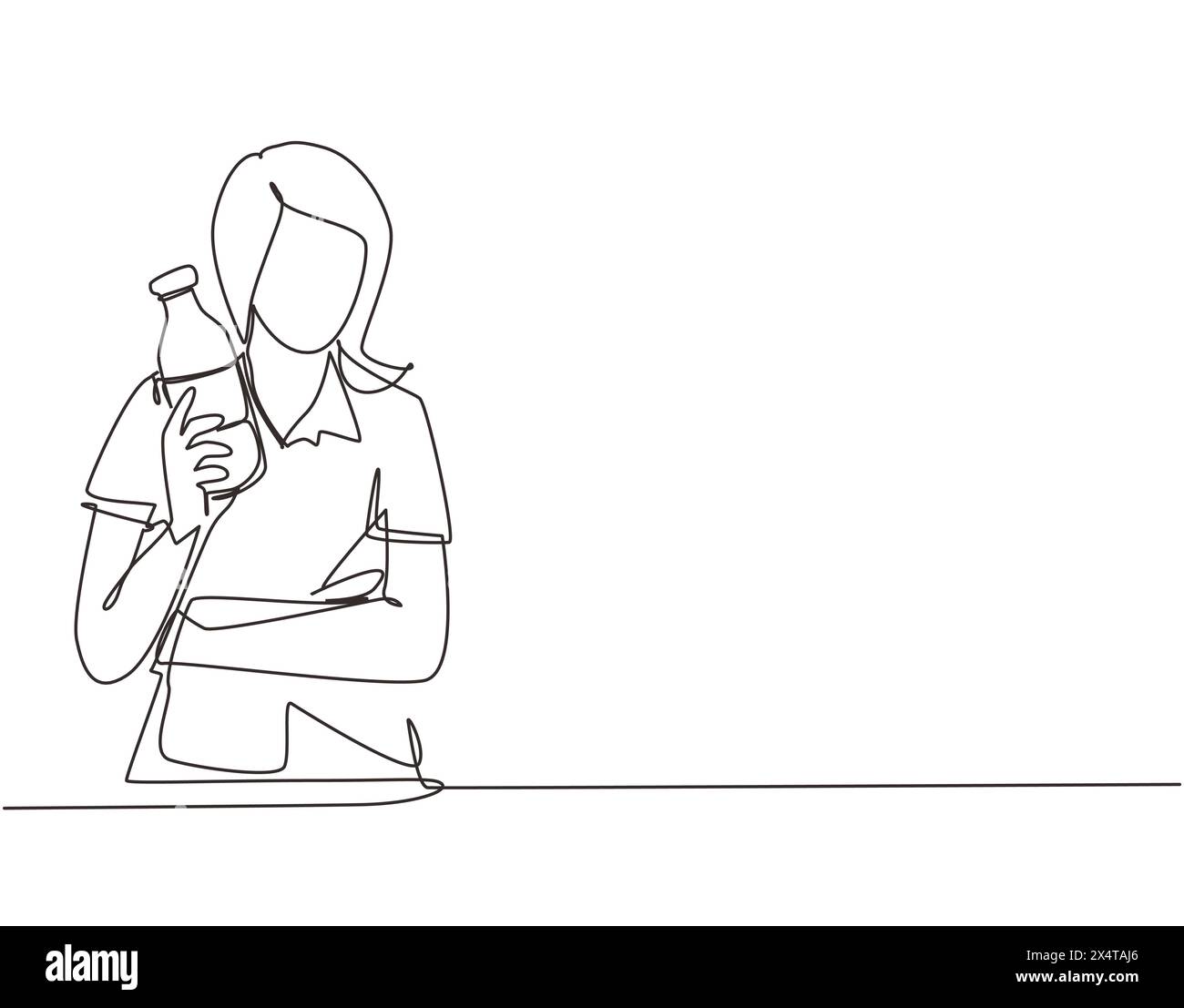 Single one line drawing cheerful woman holds bottle of fresh almond ...