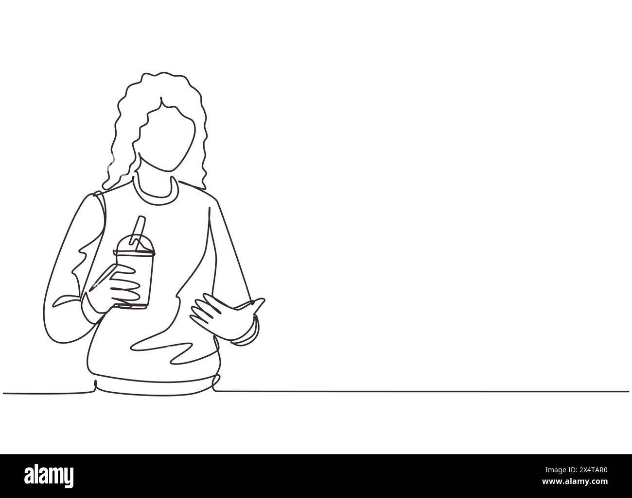 Single one line drawing happy young Asian woman showing boba milk tea ...