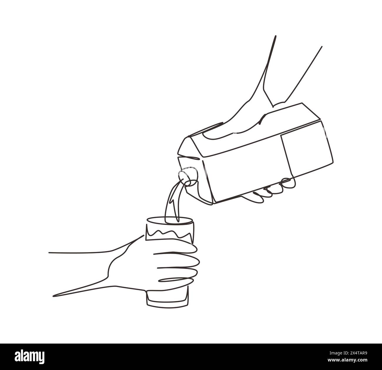 Continuous one line drawing hand holding carton of milk poured into ...