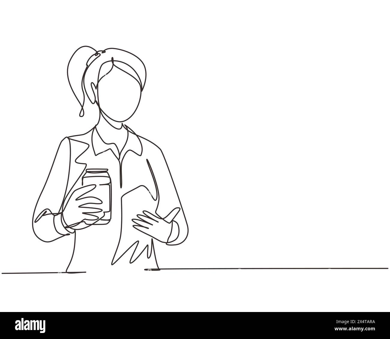 Single continuous line drawing young woman holding and showing soda ...