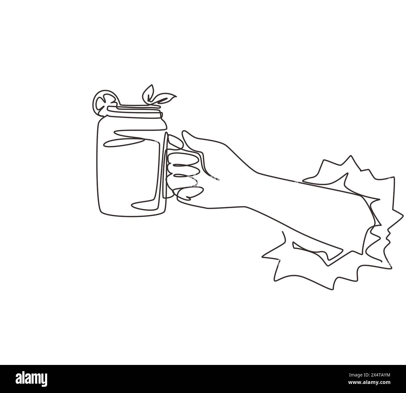 Single continuous line drawing hand holding lemonade mug with ice and ...