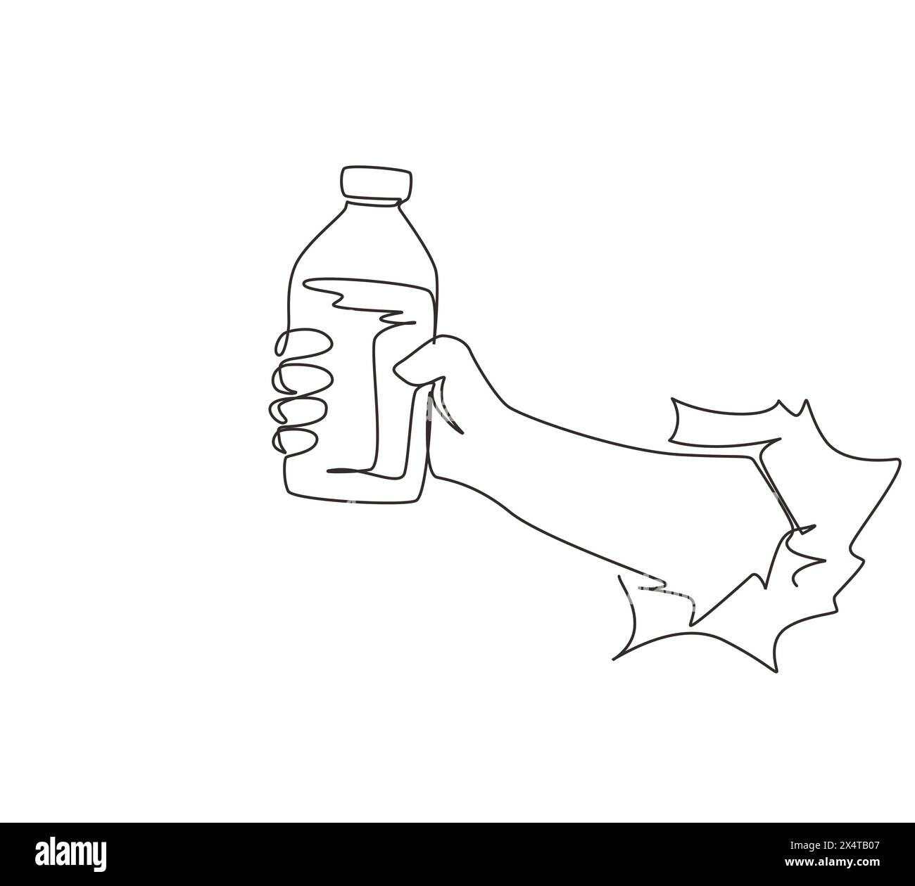 Single One Line Drawing Hand Holding Fresh Milk On Bottle Glass Packaging Healthy Drink Product