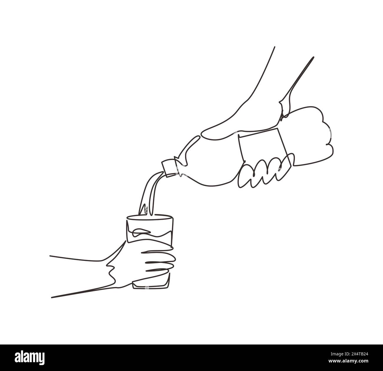 Single one line drawing hand holding plastic bottle of water, pouring water into glass. Cool ...