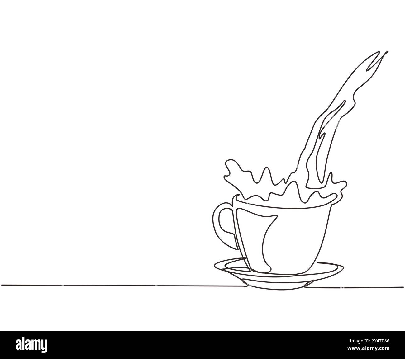 Continuous one line drawing pouring cup of black coffee creating splash ...