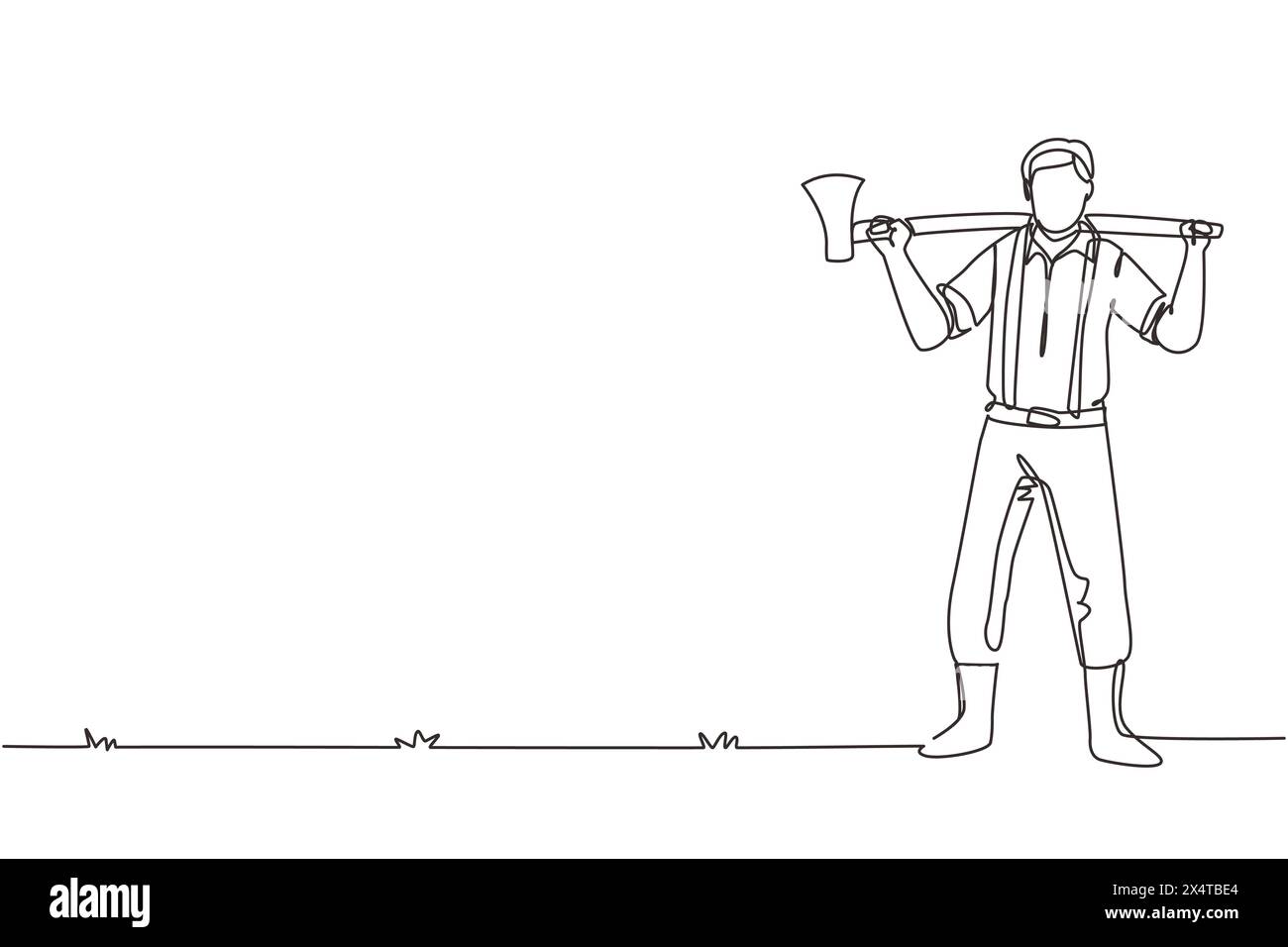 Single one line drawing smiling lumberjack in plaid shirt, jeans with ...