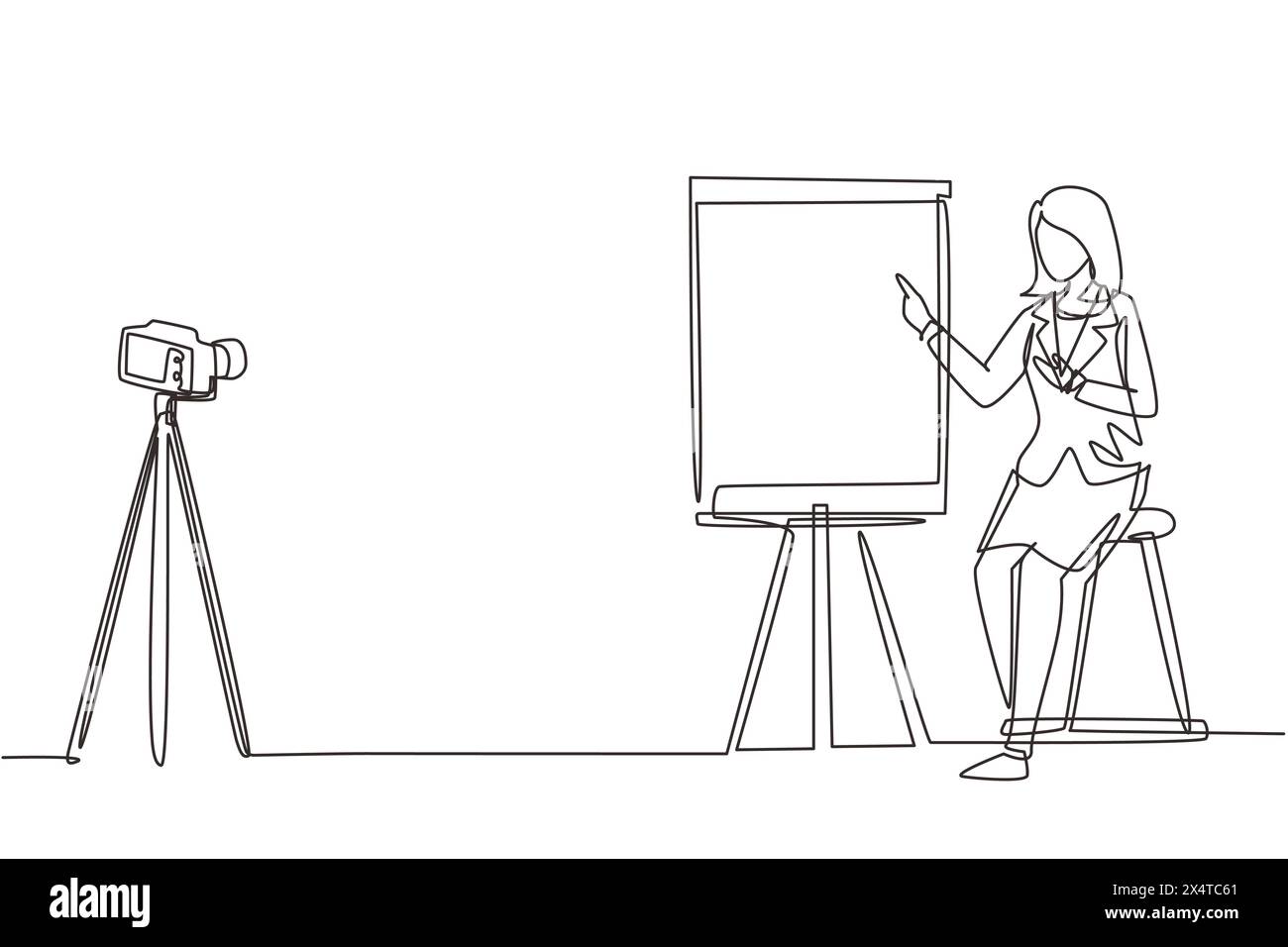 Continuous one line drawing woman giving presentation to camera doing ...