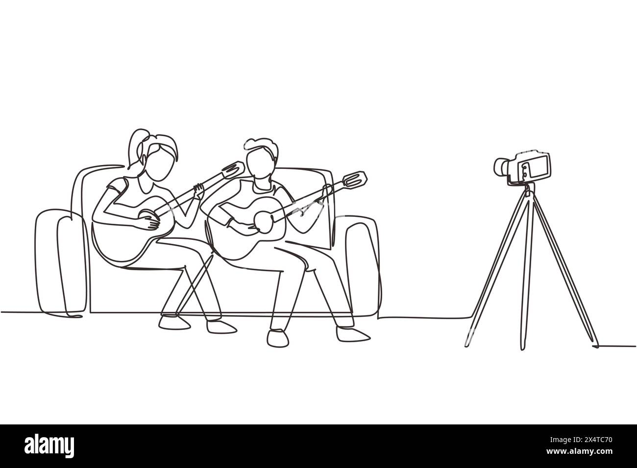 Single continuous line drawing couple vlog influencer performing music ...