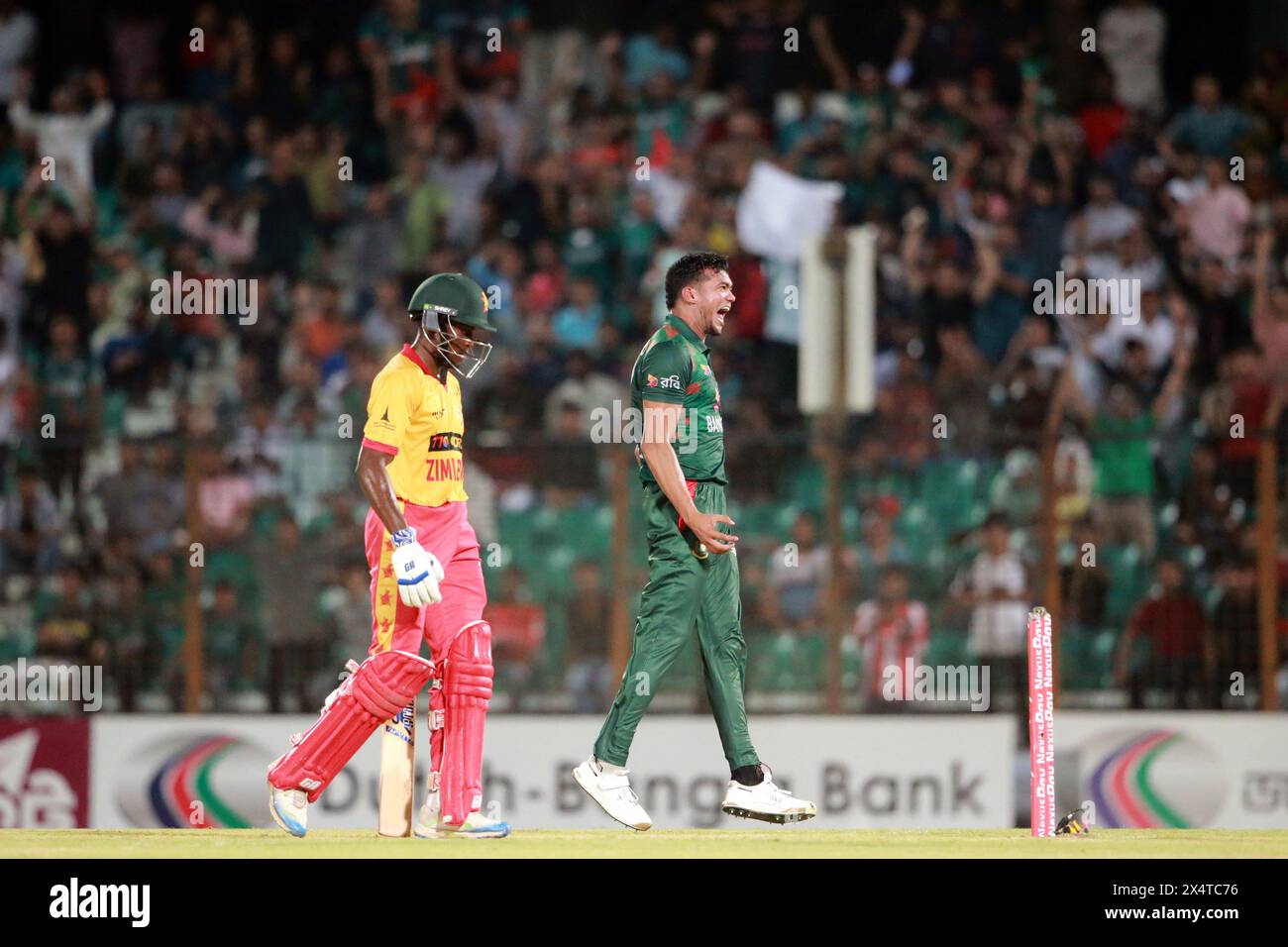 Bangladeshi pacer Taskin Ahmed celebrates after get a wickett in the ...