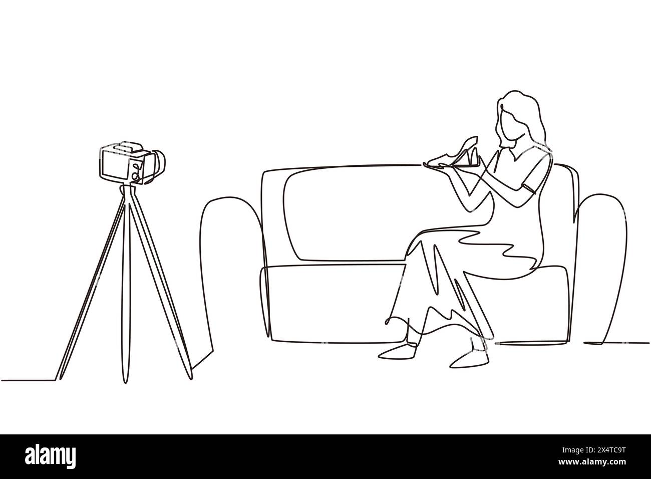 Single continuous line drawing stylish beauty blogger is sitting at ...