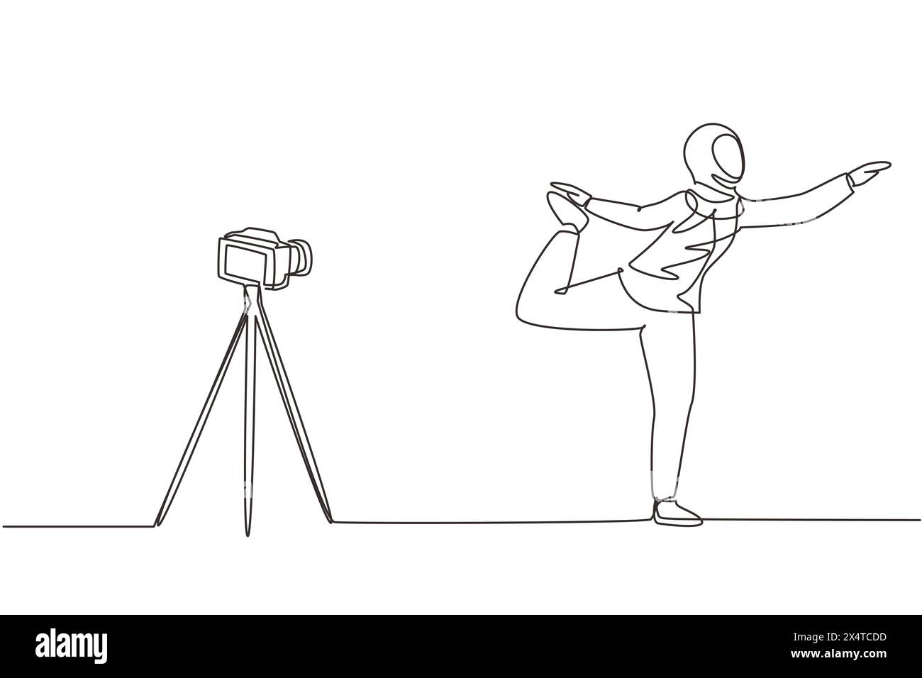 Single continuous line drawing Arab woman blogger in hijab sportswear ...