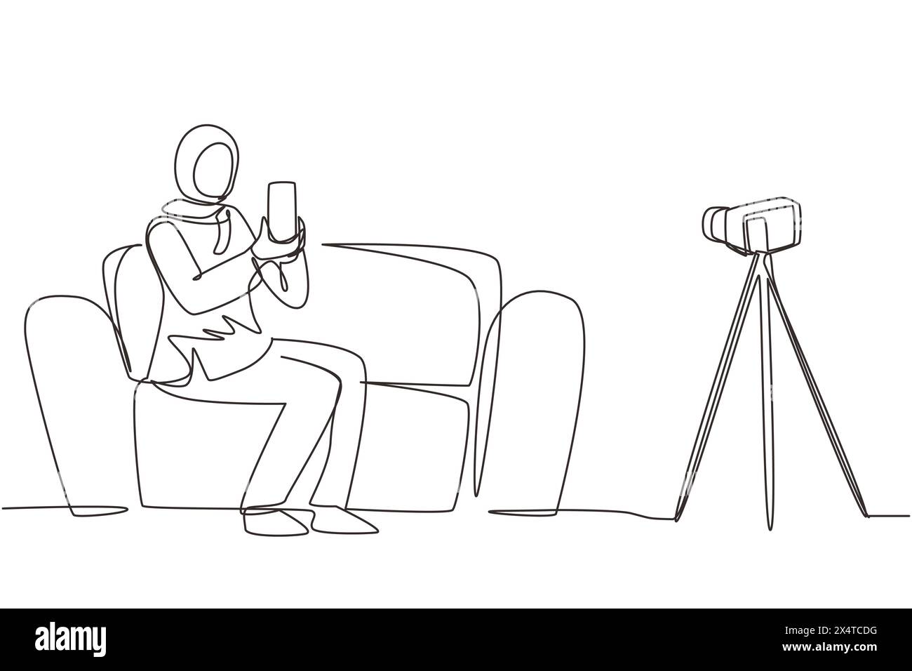 Continuous one line drawing Arab female influencer filming video review ...