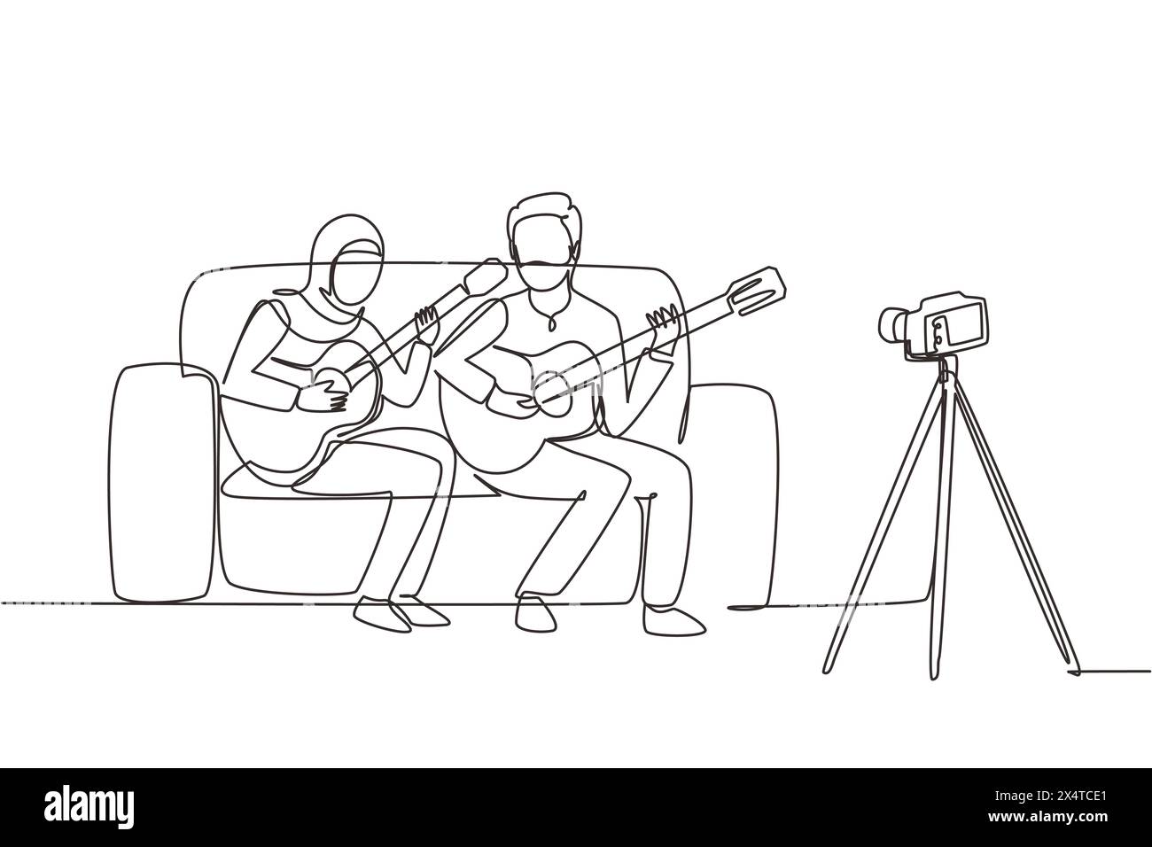 Single continuous line drawing Arabian couple vlog influencer ...