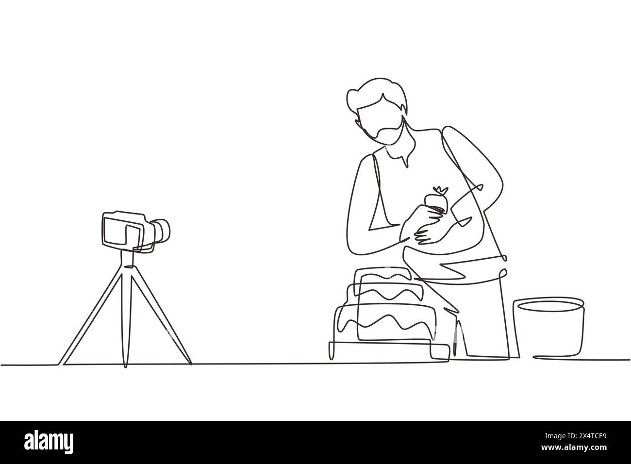 Single one line drawing food blogger creating content. Arab man ...