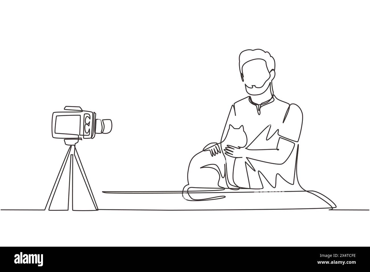 Continuous one line drawing teenage pet blogger. Arabian teen boy with ...