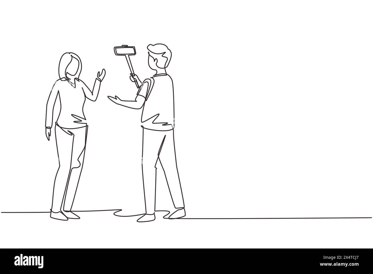 Single continuous line drawing girl makes video blog with cameraman on ...