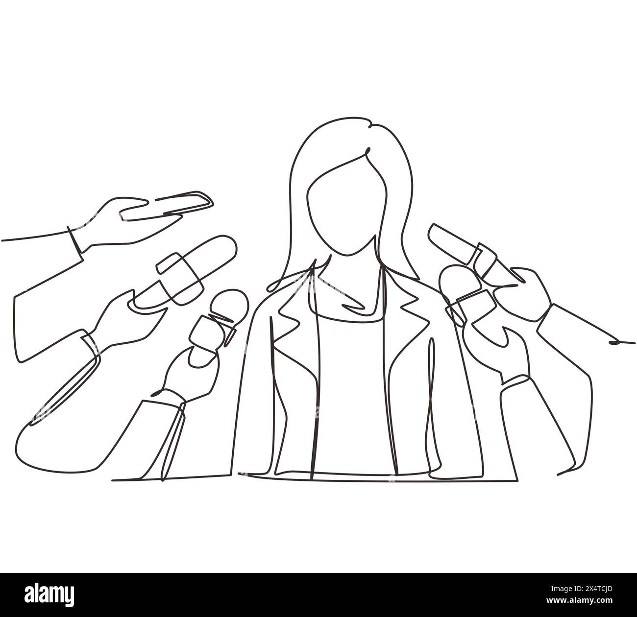 Single continuous line drawing woman giving an interview. Hands of ...