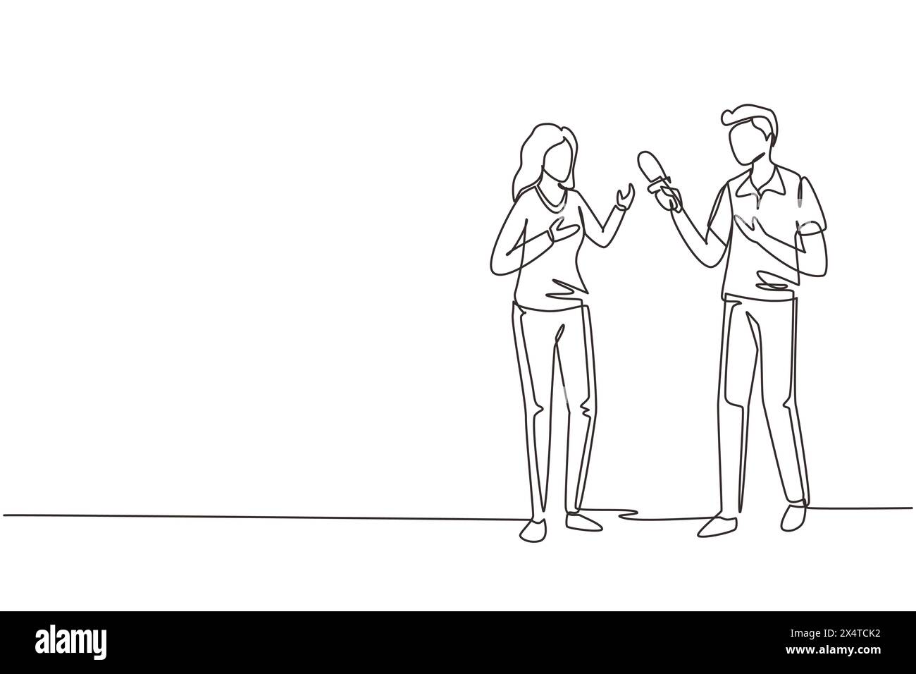 Single one line drawing male tv reporter interviewing questions. Man ...