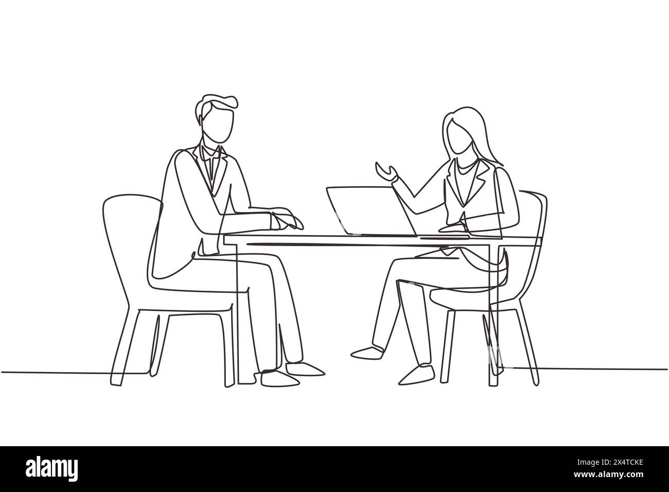 Single continuous line drawing woman journalist interviewing guy at ...